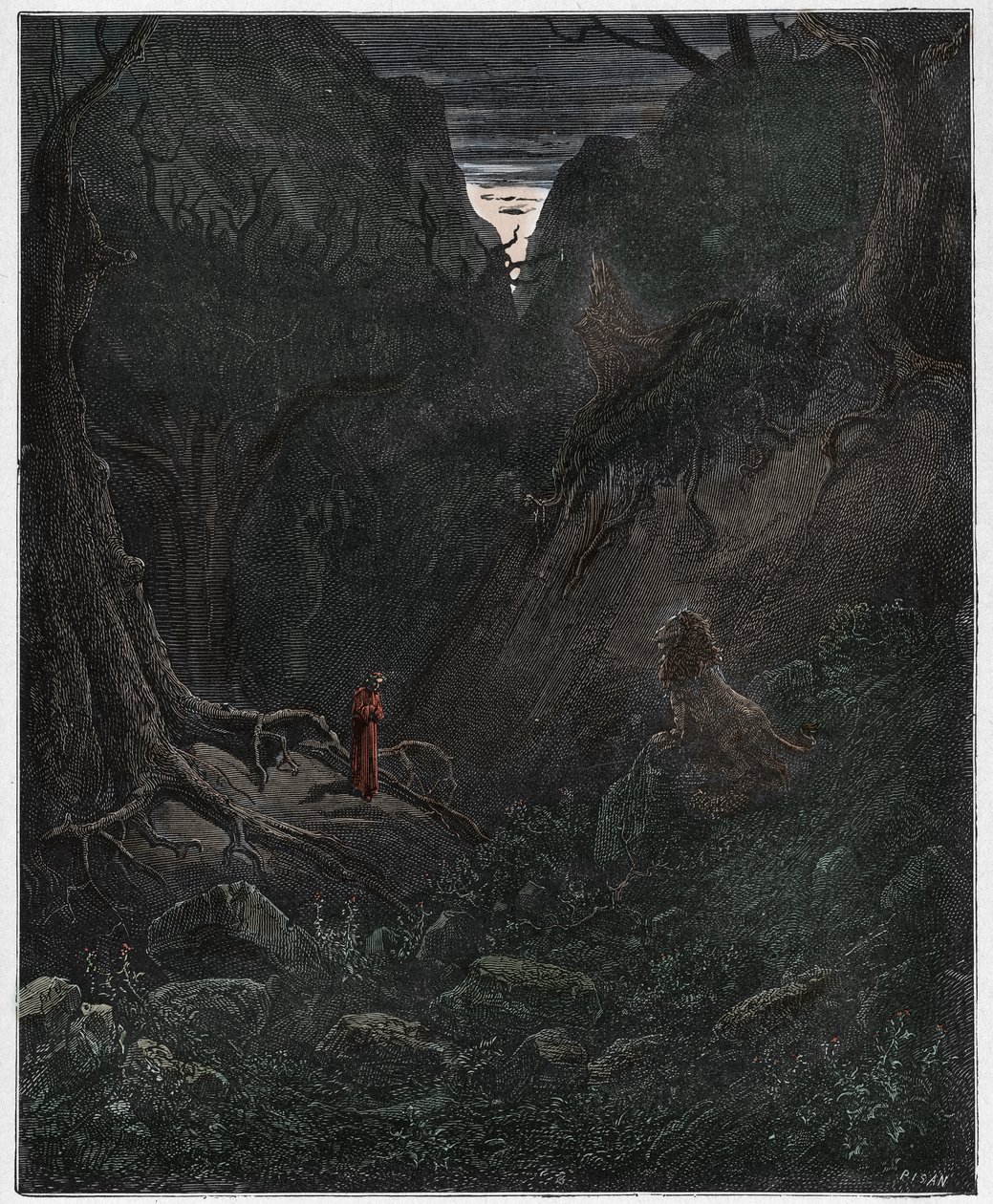 Inferno, Canto 1: The lion suddenly confronts Dante (illustration from The Divine Comedy)